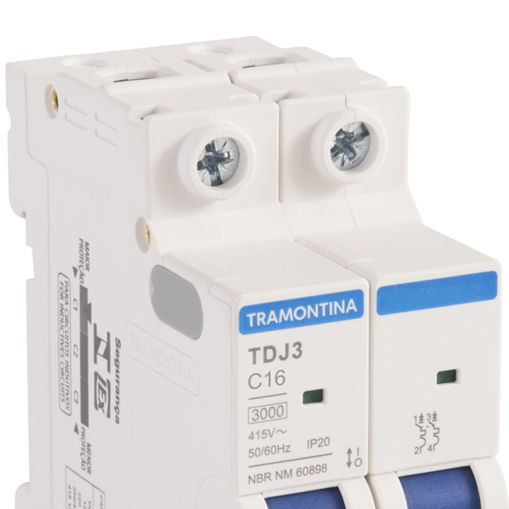 Disjuntor Bipolar DIN 2P 16A Branco TDJ3 3kA com Curva C Tramontina