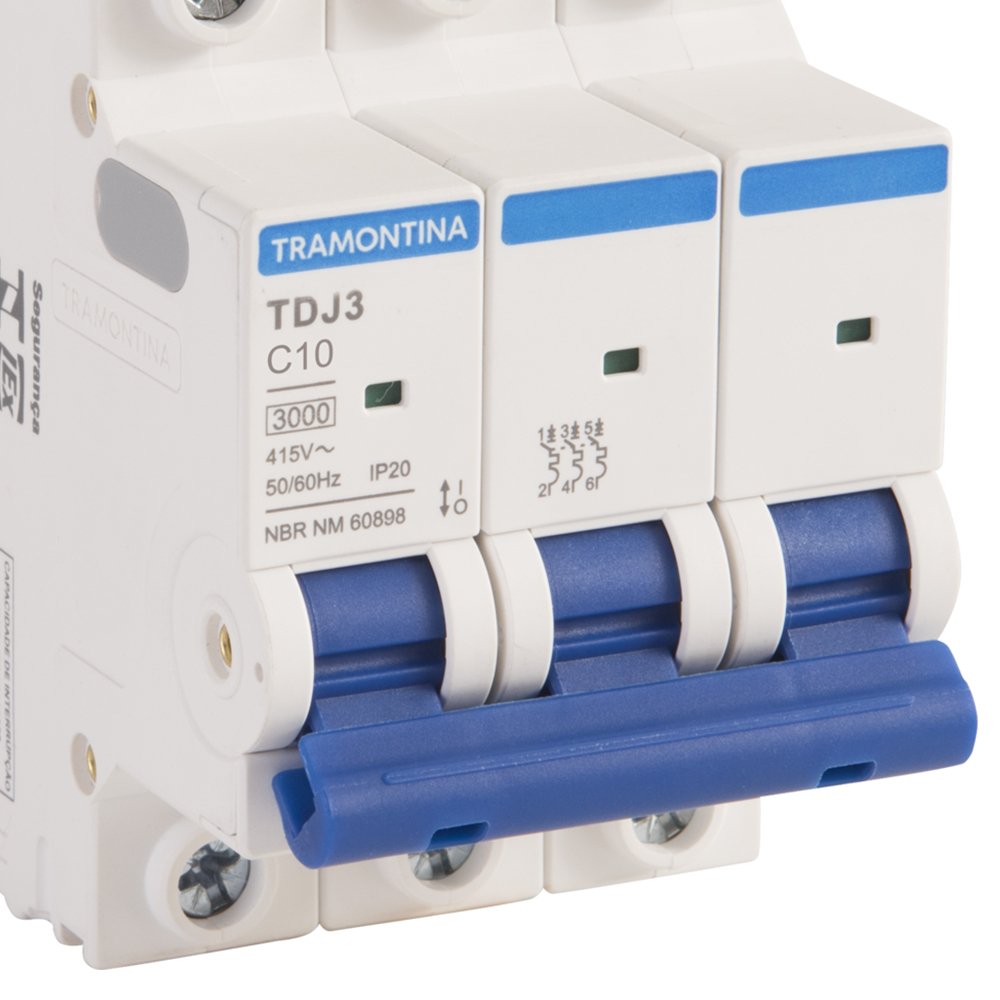 Disjuntor Tripolar DIN 3P 10A Branco TDJ3 3kA com Curva C Tramontina