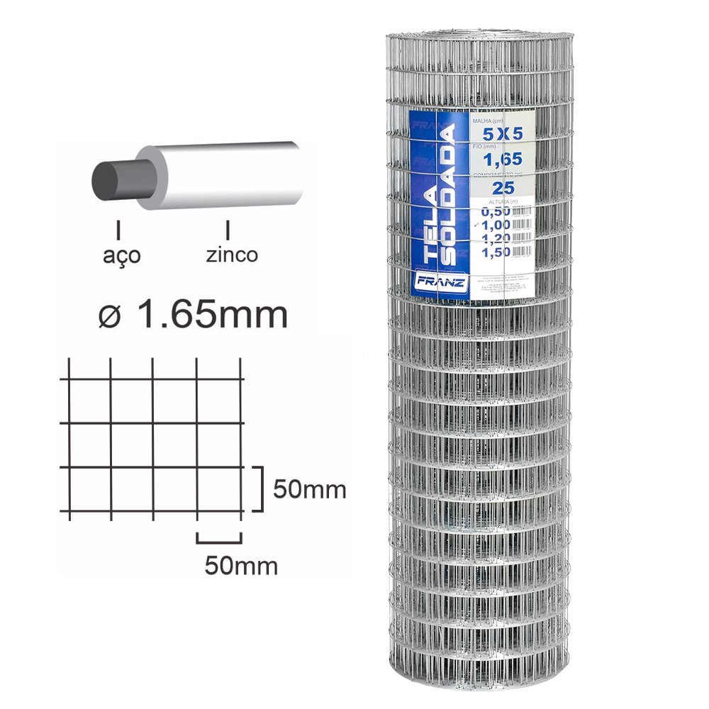 Tela Soldada Galvanizada 5x5cm Fio 1,65mm Altura 1,20m Rolo 25 Metros