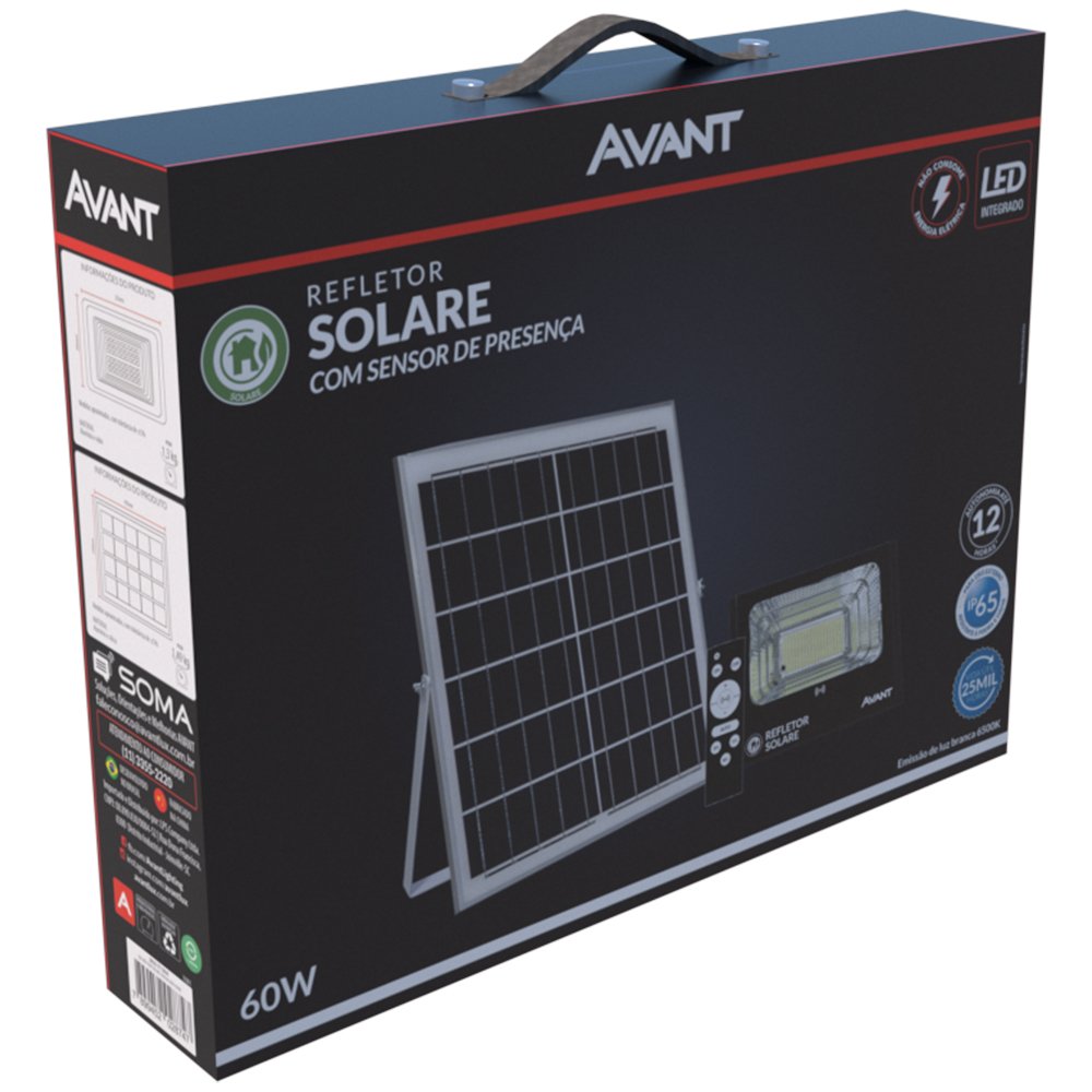 Refletor LED Solare com Placa Solar e Controle 60W 6500K Avant