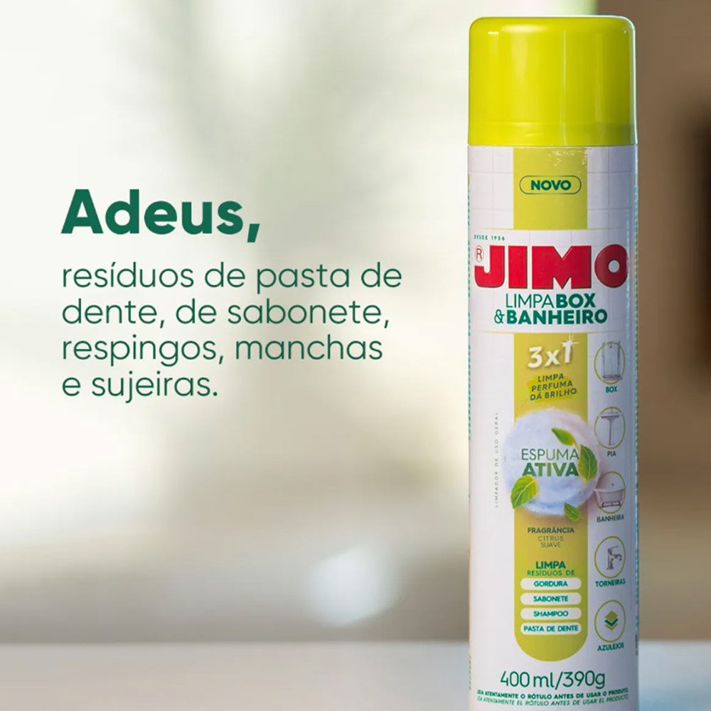 Espuma Ativa para Limpeza em Geral, Box e Banheiro 3 x 1 Aerosol 400ml Jimo