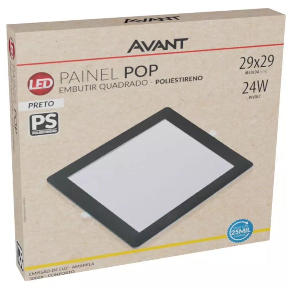 Painel LED POP Preto 24W Quadrado de Embutir, 3000K Bivolt Avant