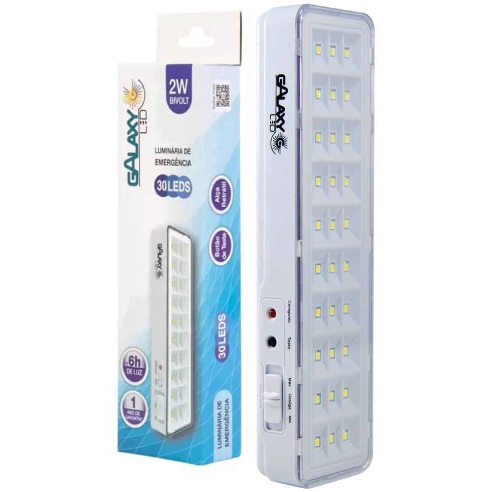 Luminária de Emergência 2W 30 Leds 6500K Bivolt Galaxy
