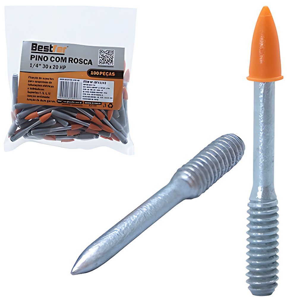 Pino com Rosca para Fixação a Pólvora 1/4’’ - 30 x 20 HP Pacote com 100 ...